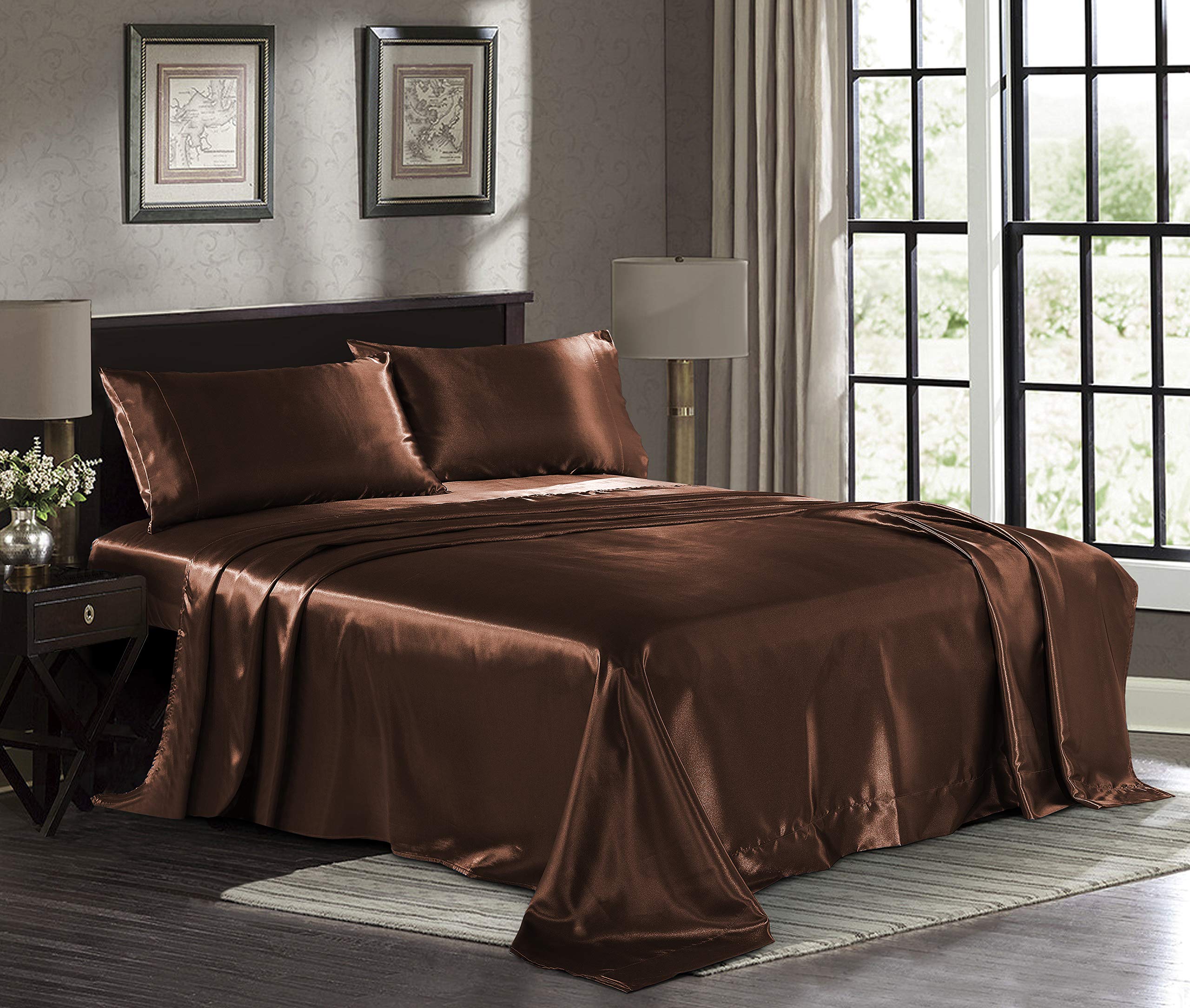Satin Sheets Full 4 Piece Brown Hotel Luxury Silky Bed Sheets