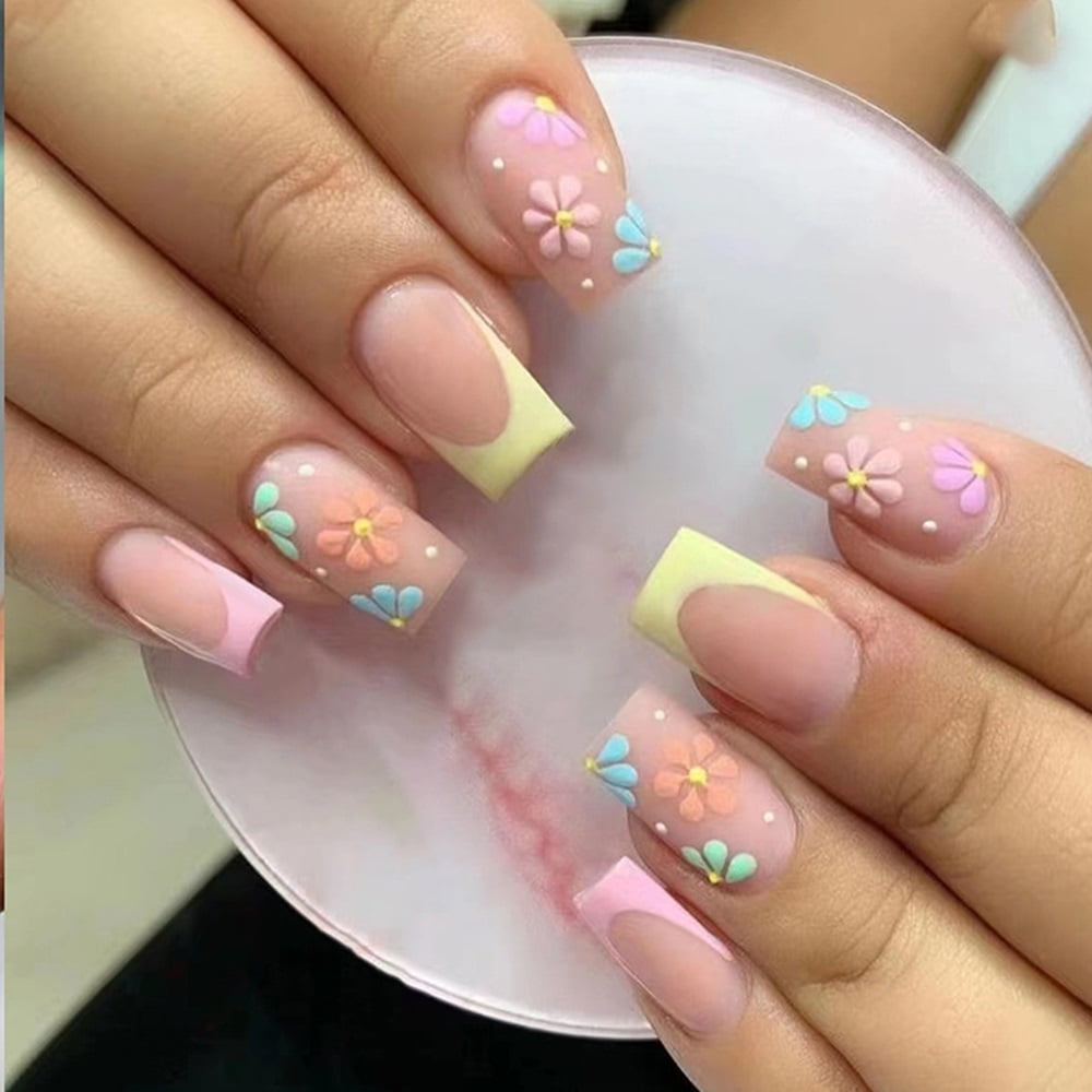 Medium Square Press on Nails 24pcs Summer Colorful Flower Fake Nails ...