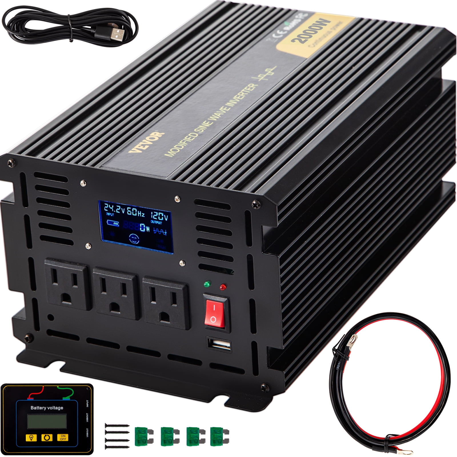 VEVOR Power Inverter 2000W Modified Sine Wave Inverter DC24V to AC120V ...