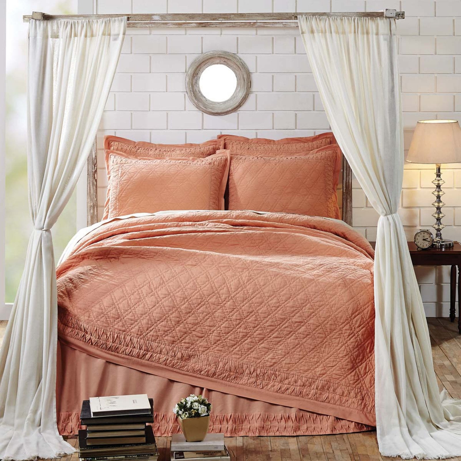 Apricot Orange Farmhouse Bedding Adelia Cotton Pre-Washed Pintuck ...