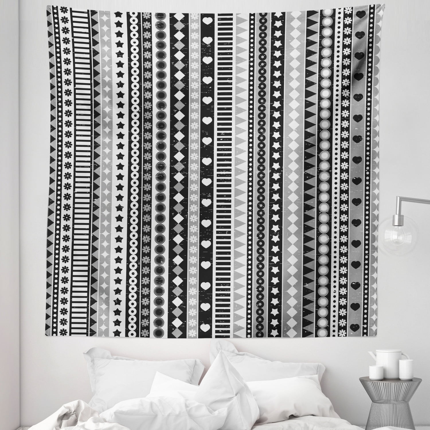 Retro Tapestry, Ribbon Like Stripe with Stars Flowers and Hearts ...