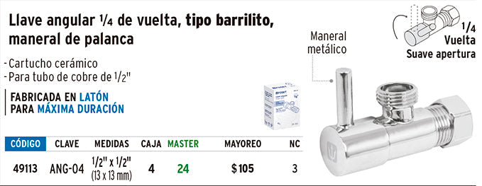 Llave angular, 1/4 vuelta, tipo barrilito, maneral palanca Foset Llave angular, 1/4 vuelta, tipo ...