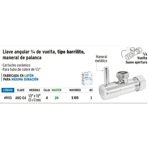 Llave angular, 1/4 vuelta, tipo barrilito, maneral palanca Foset Llave angular, 1/4 vuelta, tipo ...