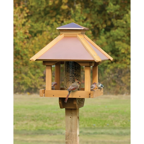WoodLink Coppertop Wood LARGE Gazebo Bird Feeder Post Mount 10 Lb Seed ...