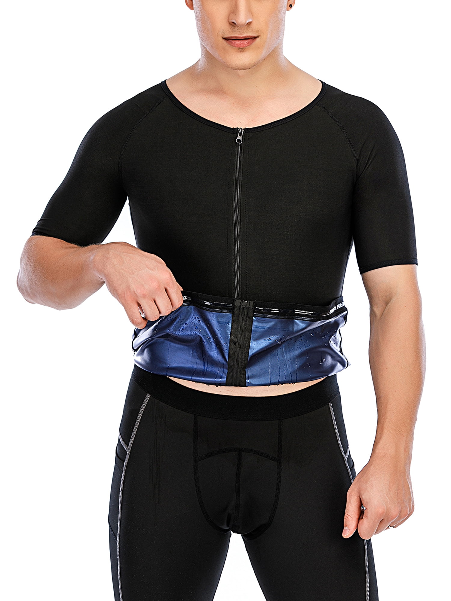 FANNYC Men’s Sauna Sweat Suit Hot Sweat Vest -Zipper Short Sleeve ...