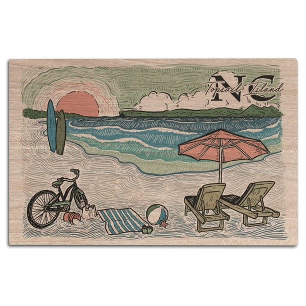Topsail Island, North Carolina, Beach Scene, Sketch Birch Wood Wall ...
