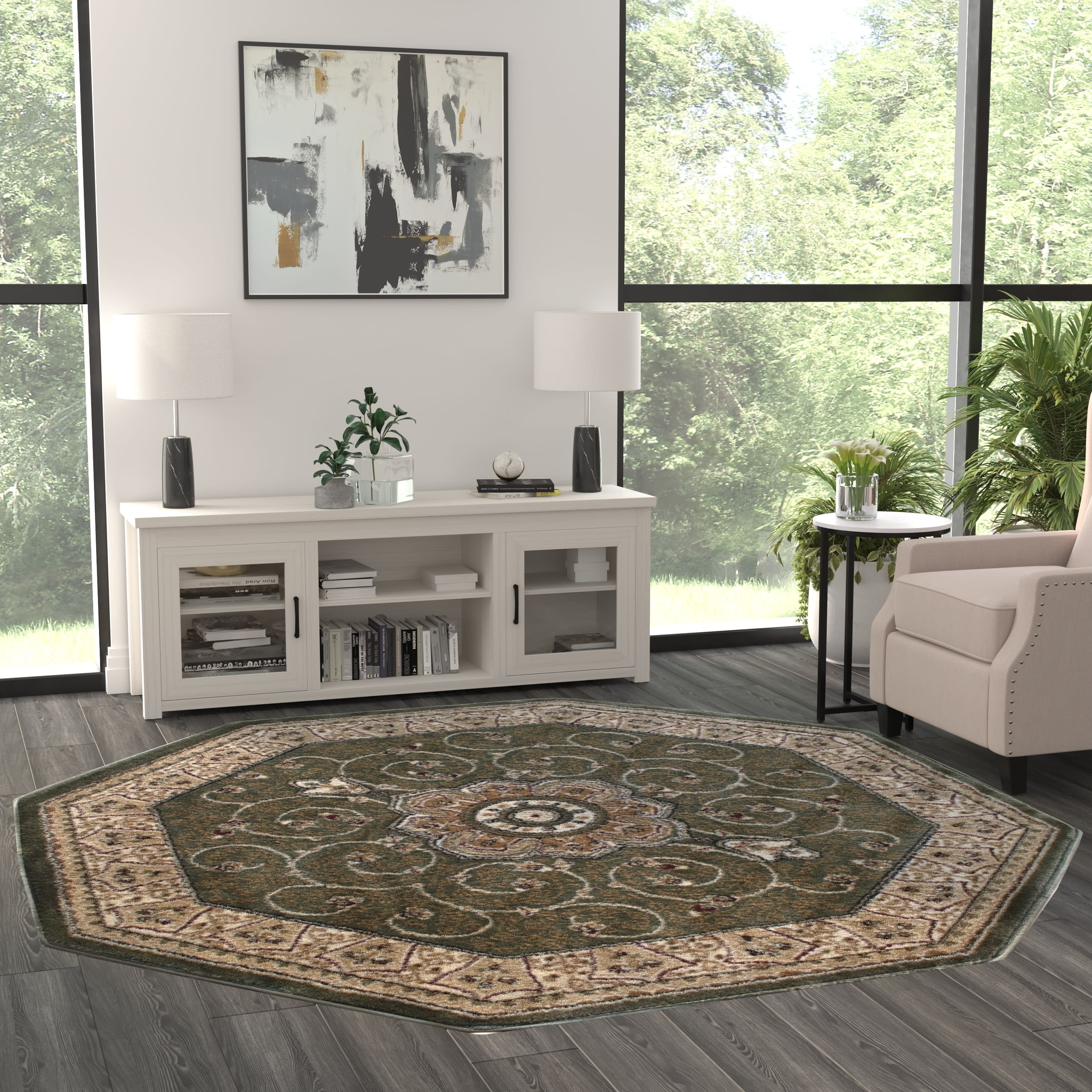 BizChair Traditional Octagon Area Rug Design 404 Green (7 Feet 3 Inch x ...