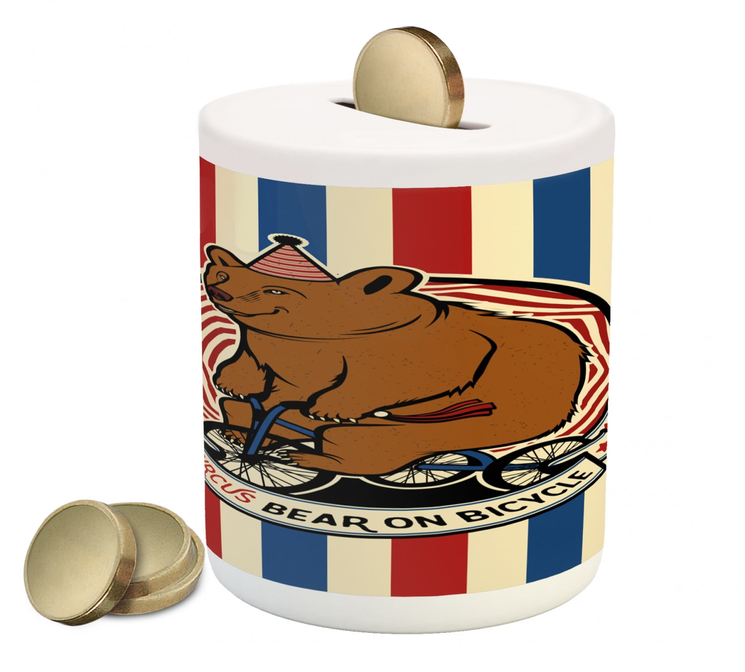 Bear Piggy Bank, Circus Animal on Bicycle Carnival Theme Mascot Hat ...