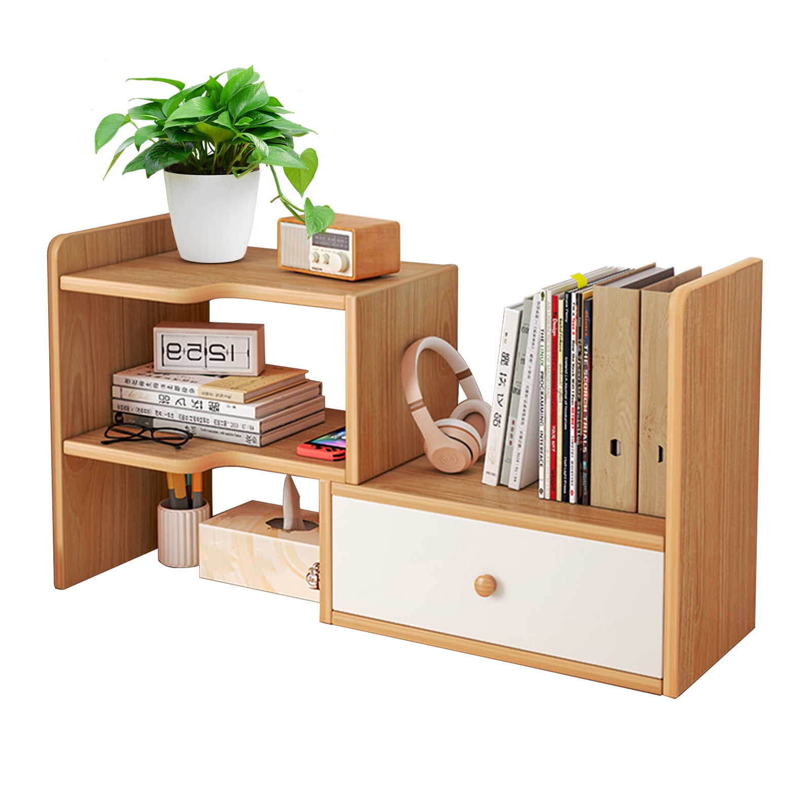 Wood Desktop Organizer Rack Extendable Storage with Drawers Shelf for ...