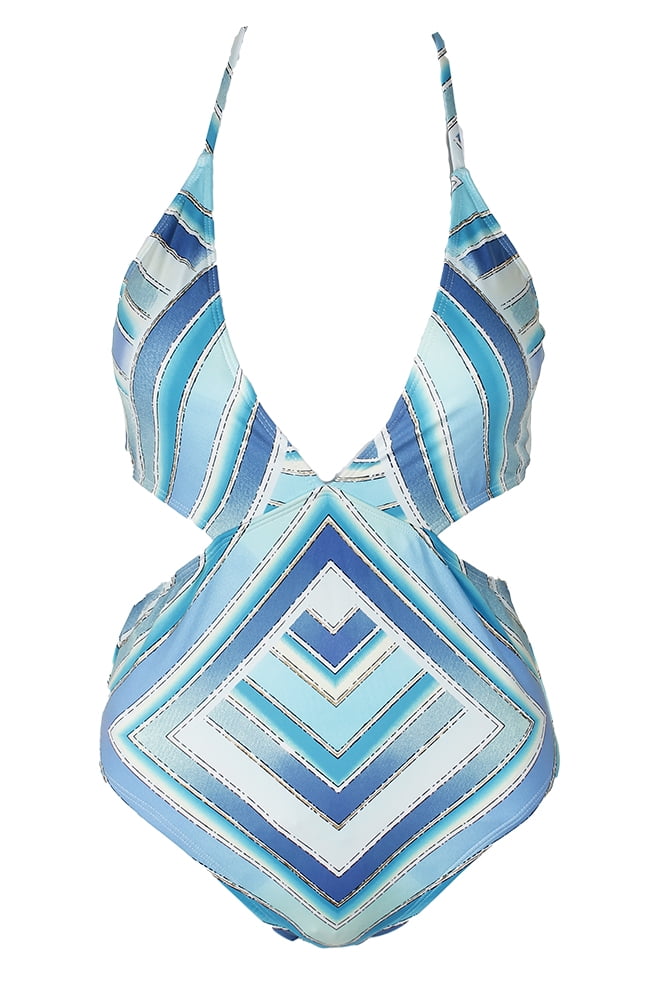 Bar Iii Womens Crystal Blue Plunge Cutout Monokini One Piece Swimsuit M