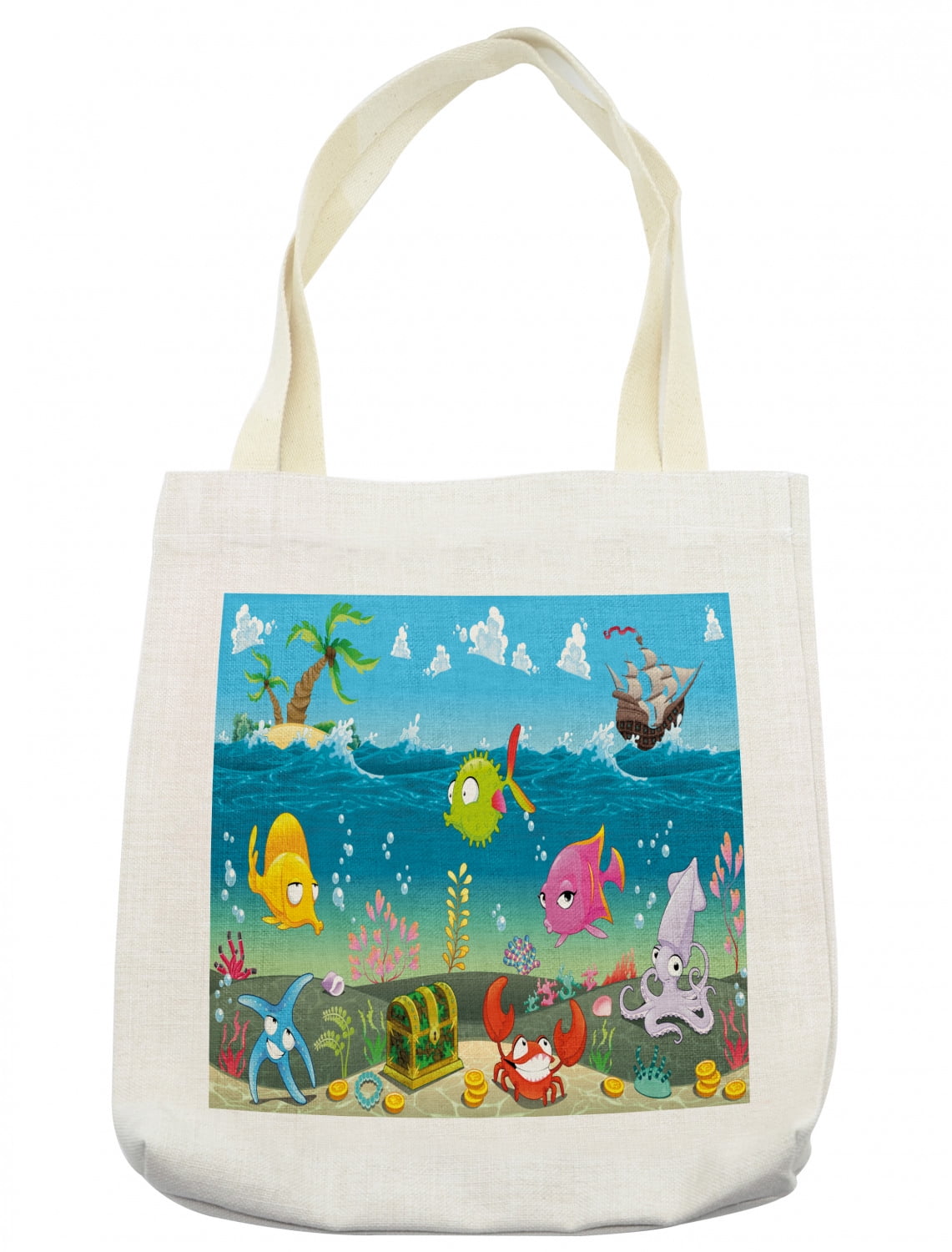 Animal Tote Bag, Funny Sea Animals Underwater Ocean View Sail Boat Palm ...