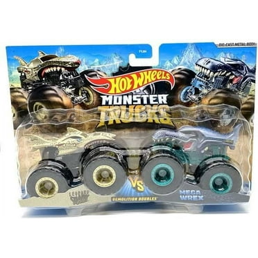Hot Wheels Die-Cast Monster Trucks 1:64 Scale Demolition Doubles, Motosaurus vs Mega Wrex ...