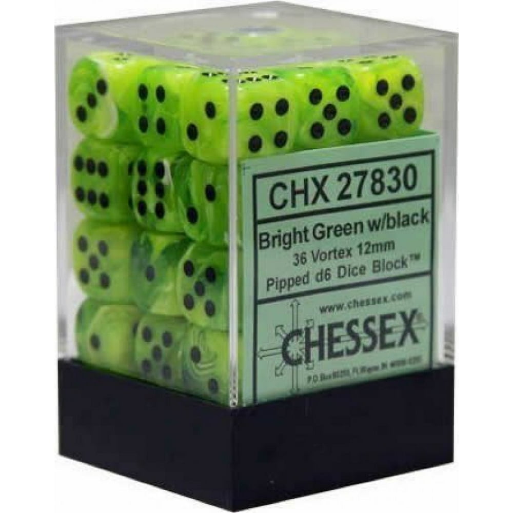Chessex Dice d6 Sets: Vortex Bright Green with Black - 12mm Six Sided ...