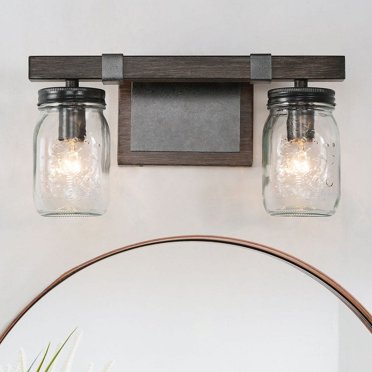2-Light Bronze and Brown Wood Farmhouse Bathroom Vanity Light,13.8"L x ...