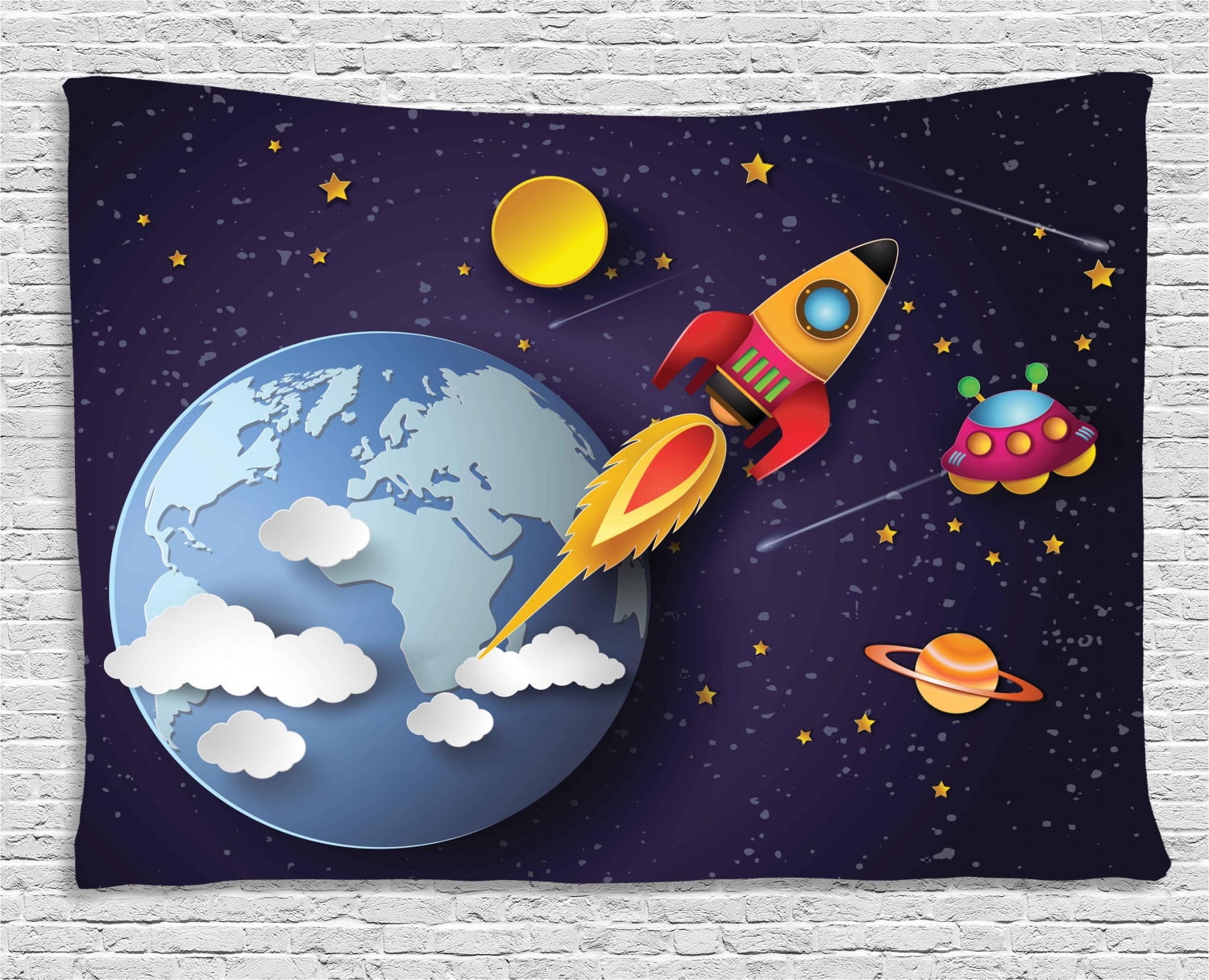 Outer Space Tapestry, Rocket on Planetary System with Earth Stars Ufo ...