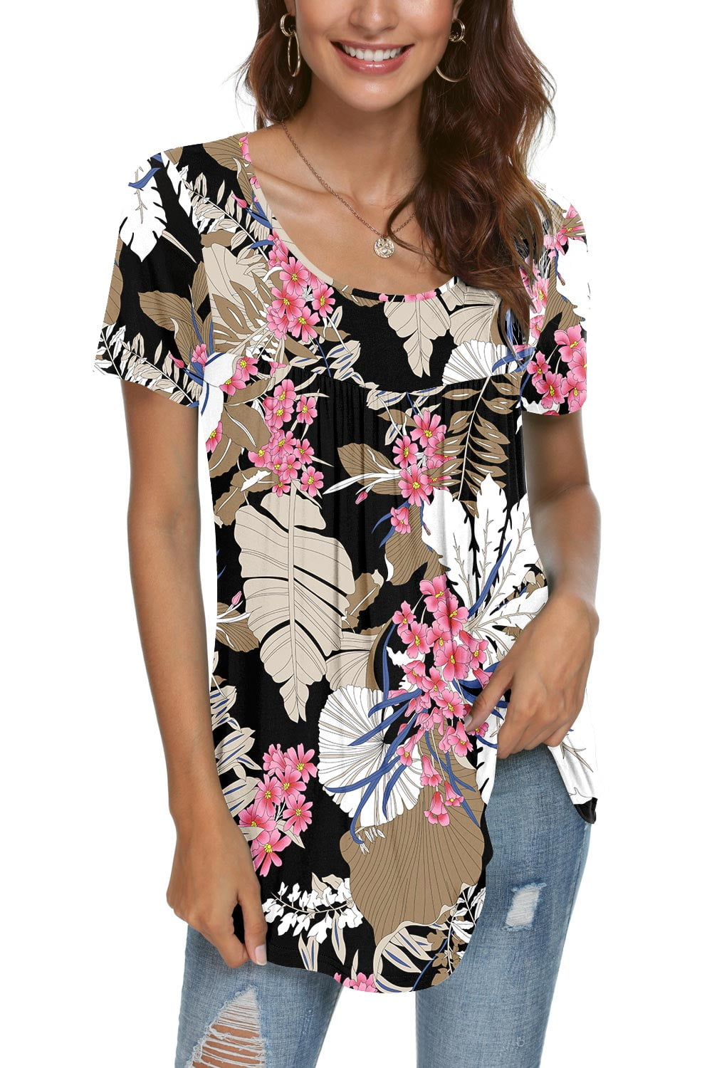 CATHY Women's 2022 Summer Short Sleeve Pleated Blouse Loose Flowy Tunic ...