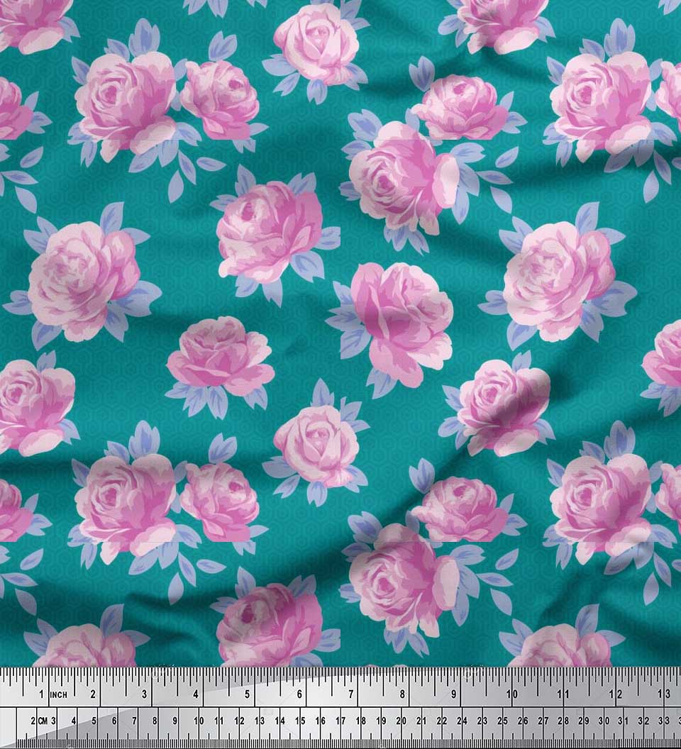Soimoi polyester Crepe Fabric Honeycomb Design,Leaves & Rose Floral ...
