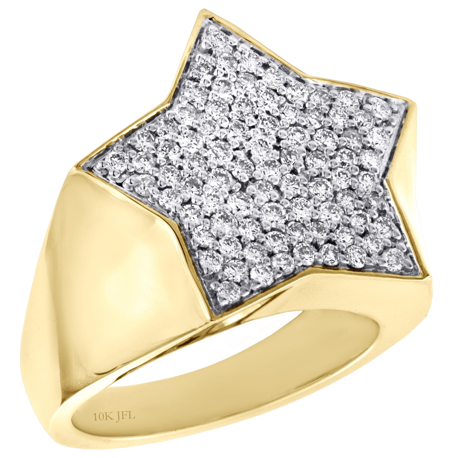 10K Yellow Gold Round Diamond Star Shape Frame Pinky Ring 20mm Mens ...