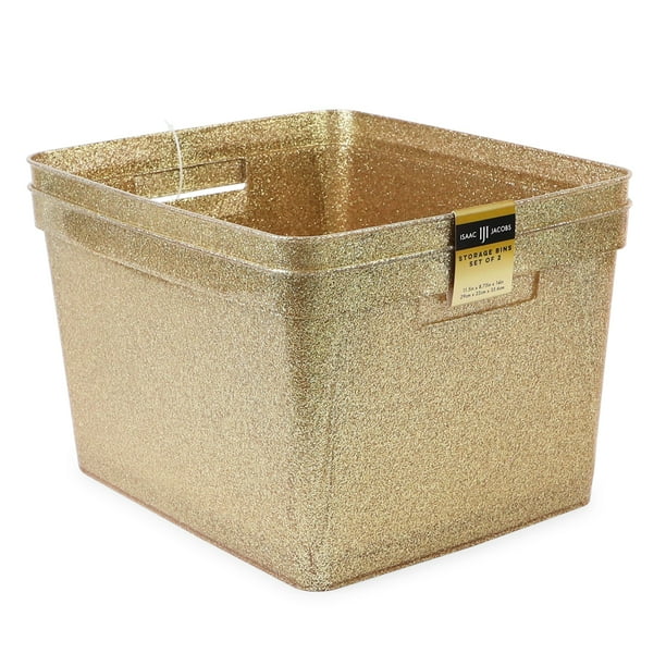 Isaac Jacobs 2-Pack Large Gold Glitter Storage Bin Set with Cut-Out ...