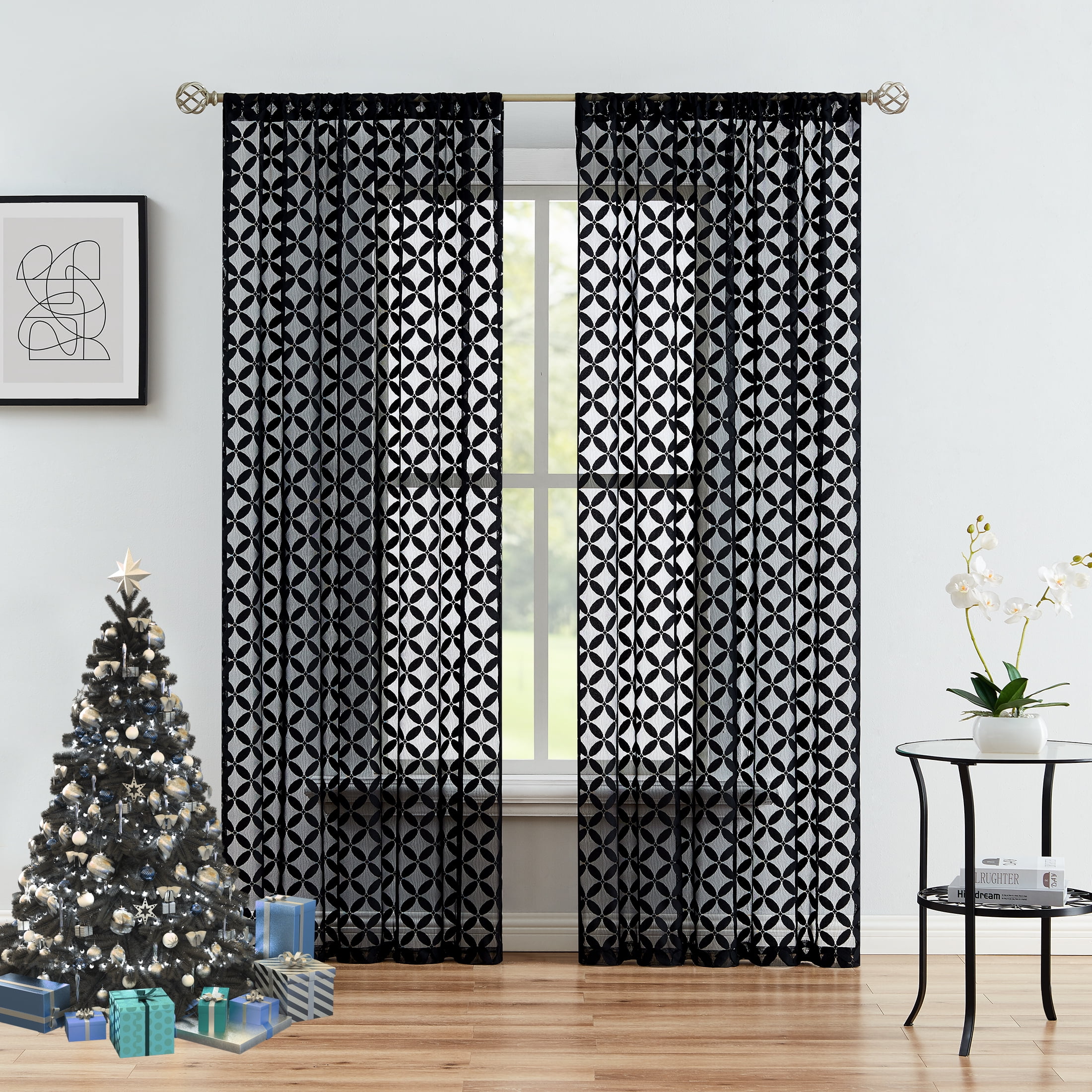 Junvictex 2 Panels Black Floral Lace Sheer Curtains Knitted Botanical ...