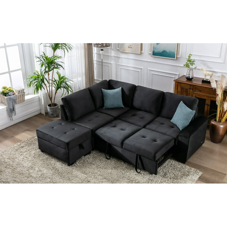 Modular Convertible Sectional Sleeper Sofa Couch Futon L Shaped Couch with Storage Ottoman and Pull Out Bed Reversible 4 Seat Corner Sofa Couch for Small Apartment Black Walmart
