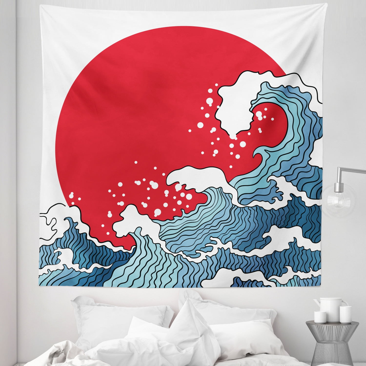 Japanese Wave Tapestry, Big Red Sun Setting Scenery Tropical Nautical ...