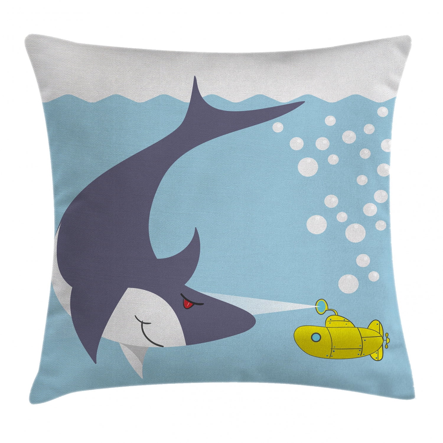 Yellow Submarine Throw Pillow Cushion Cover, Shark with Vessel in Ocean ...
