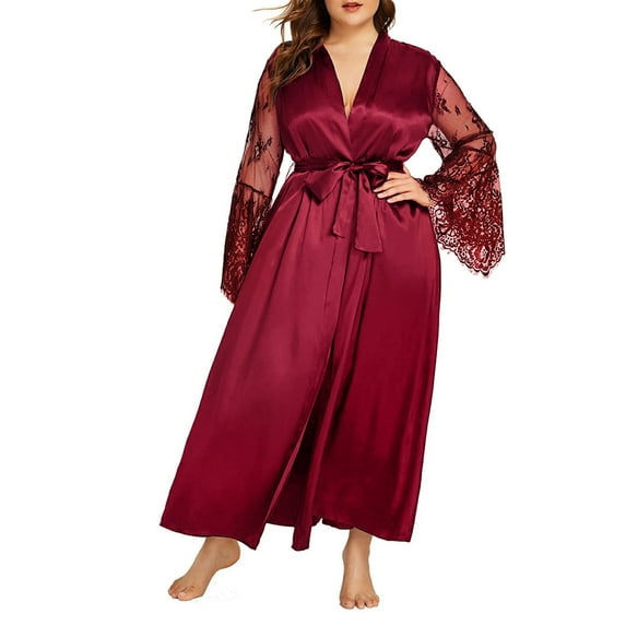 FASHIONWT Women Plus Size Eyelash Lace Stitching Satin Silk Smock Robe ...
