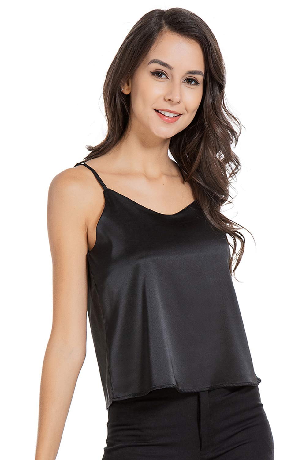 NeedBo Womens Silk Satin Tank Tops V Neck Camisole Sleeveless Blouses Basic Tank Shirt, Black M ...