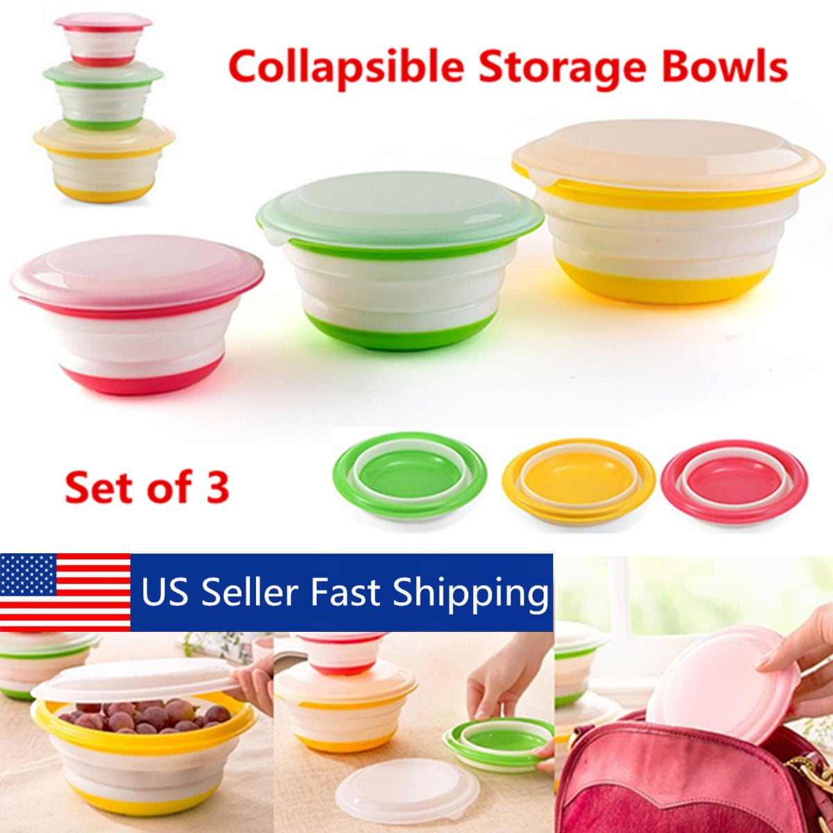 3Pcs Silicone Collapsible Storage Bowls w/ Lids Stackable Prep Food ...
