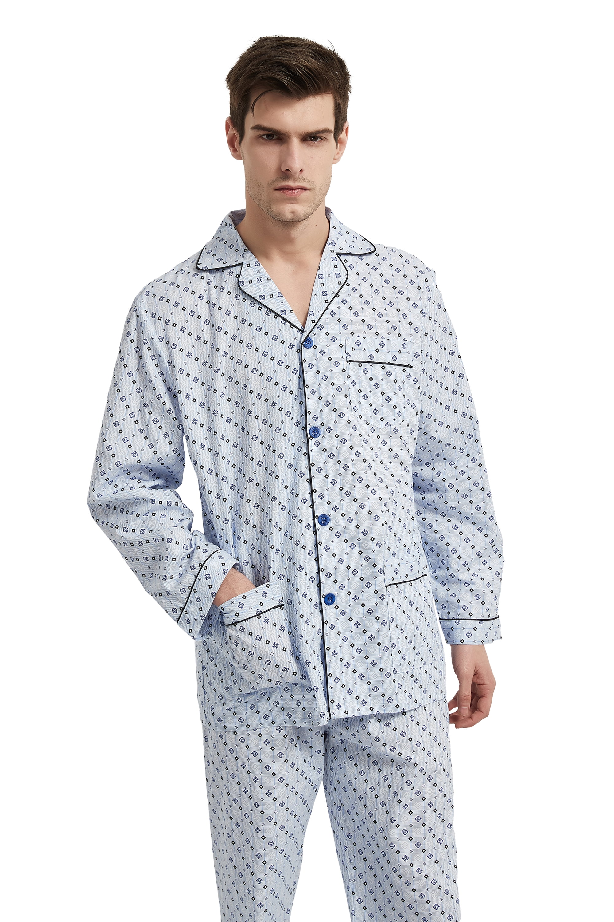 GLOBAL Men's Cotton Notch Collar Pajama Set with Pockets, 2-Piece ...