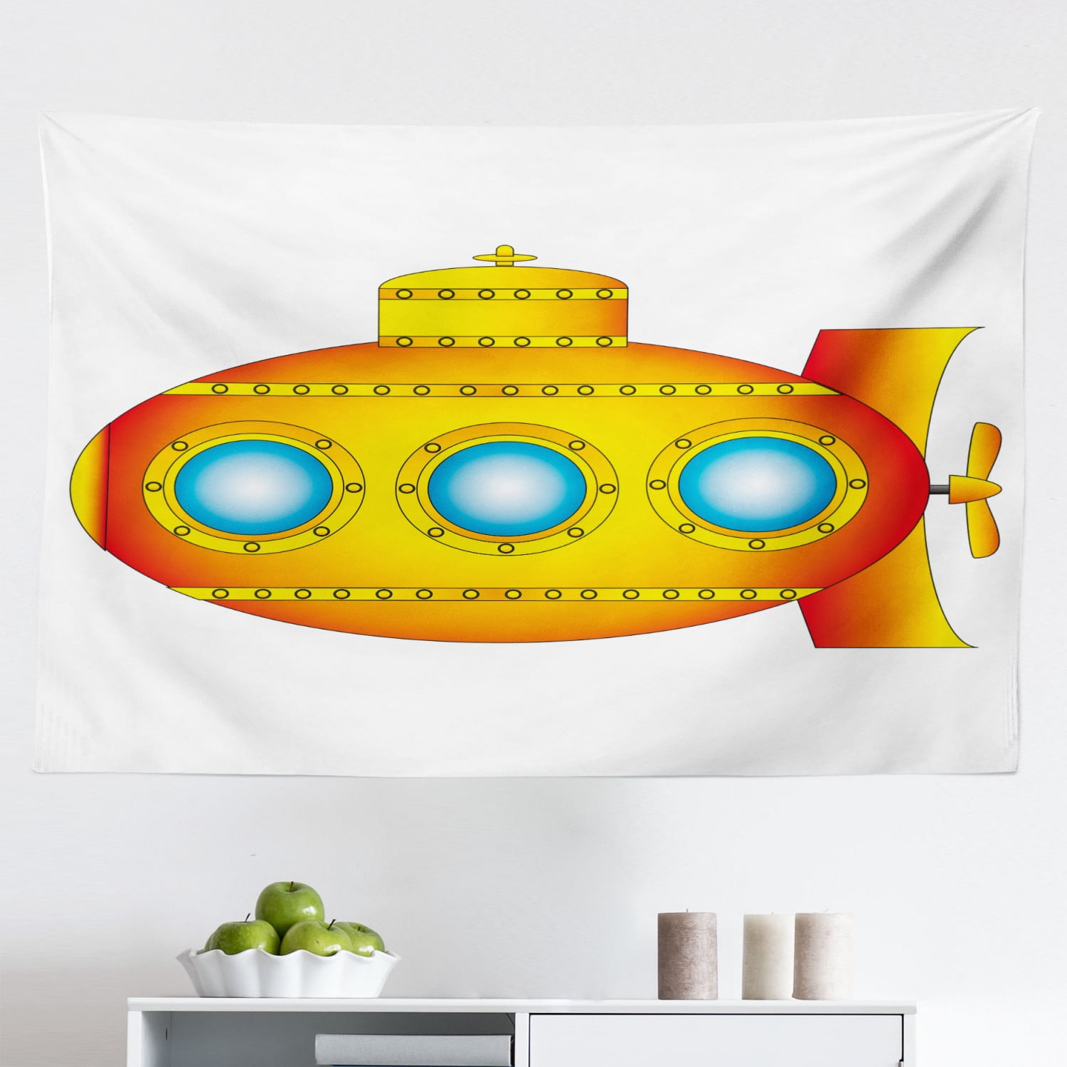 Yellow Submarine Tapestry, Illustration of a Submarine Bubbles Under ...