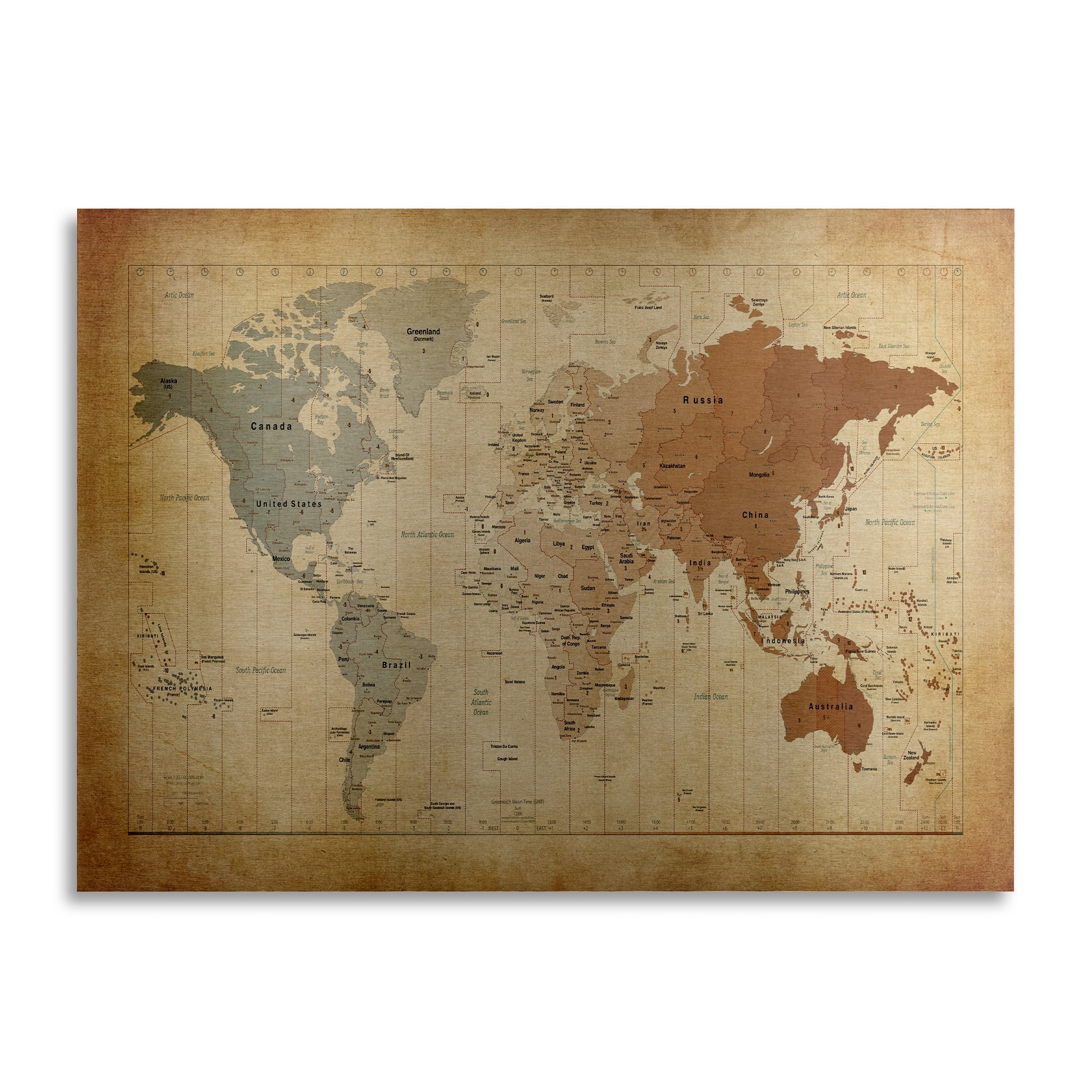 Trademark Fine Art 'Time Zones Map of the World' Brushed Aluminum Wall ...