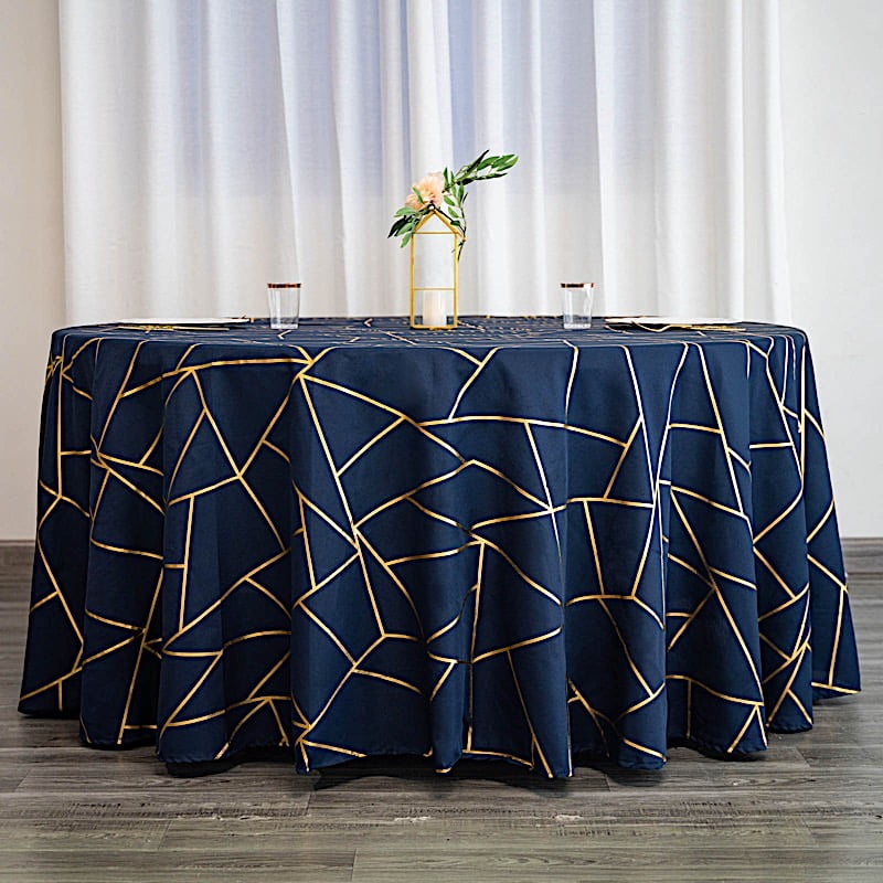 BalsaCircle 120" Navy Blue Gold Metallic Geometric Design Polyester ...