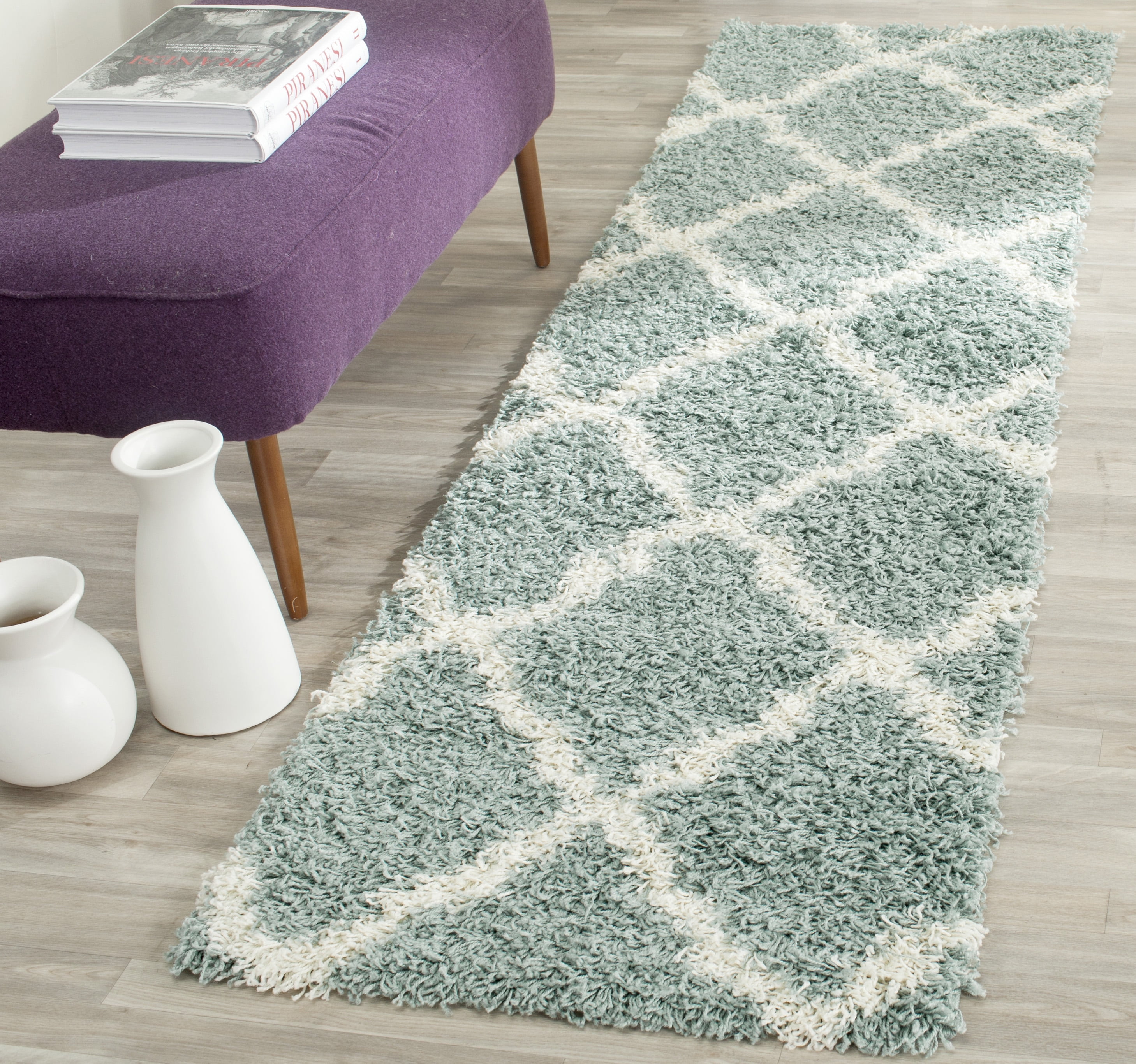 SAFAVIEH Daley Geometric Plush Shag Runner Rug, Seafoam/Ivory, 2'3" x 6 ...