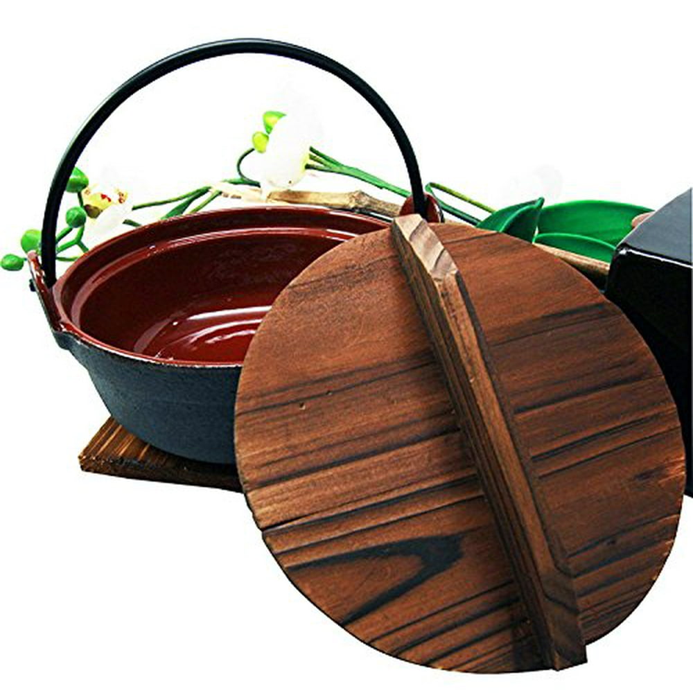 Japanese Cast Iron Sukiyaki Nabemono Personal Size Hot Pot With Wooden ...
