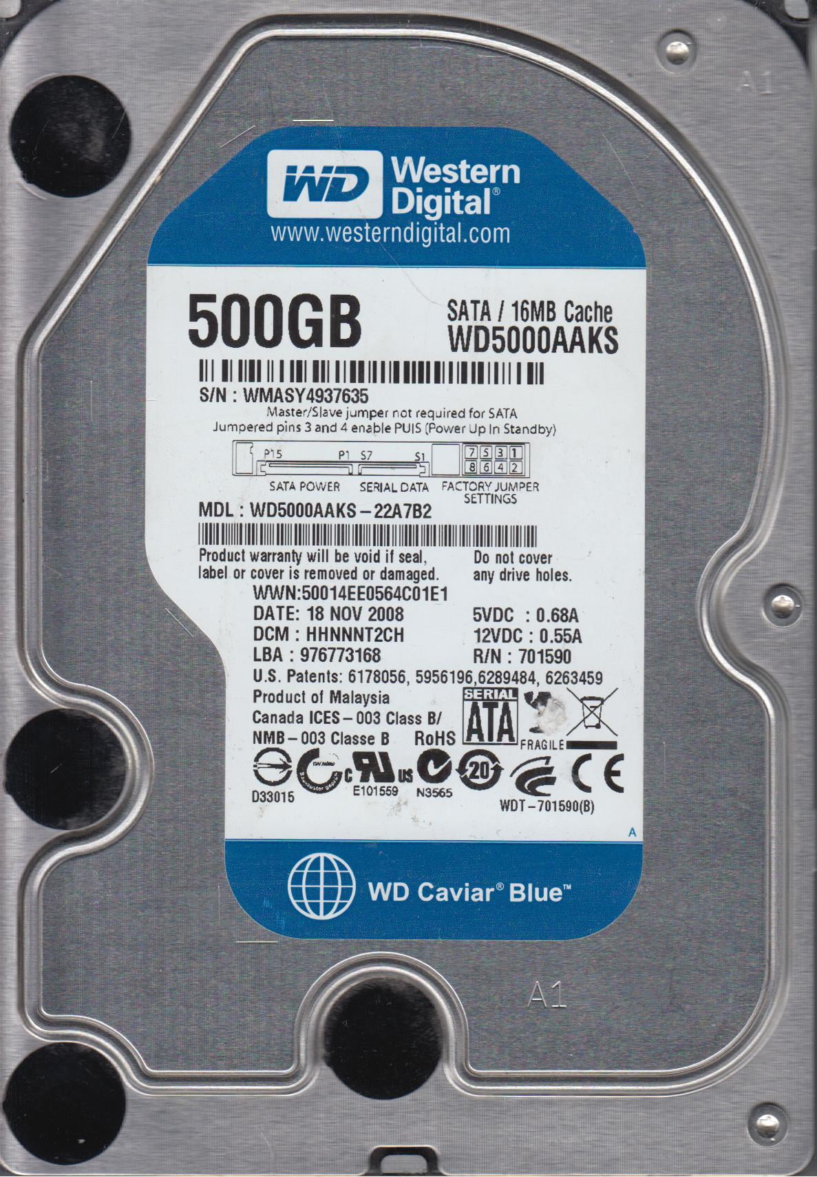WD5000AAKS-22A7B2, DCM HHNNNT2CH, Western Digital 500GB SATA 3.5 Hard ...