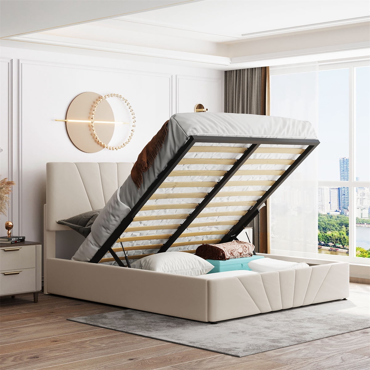 Upholstered Platform Bed, Queen Size Lift Up Storage Bed Frame with ...