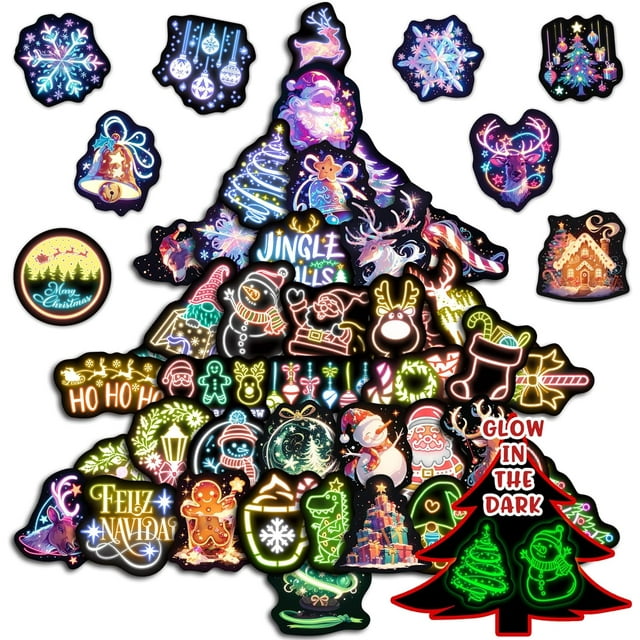 Neon Glow in The Dark Christmas Stickers - Santa Claus, Snowflakes ...
