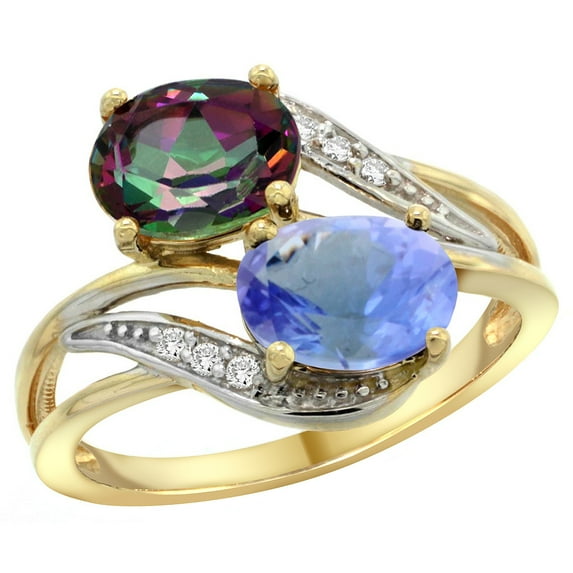 14K Yellow Gold Diamond Natural Mystic Topaz & Tanzanite 2-stone Ring ...
