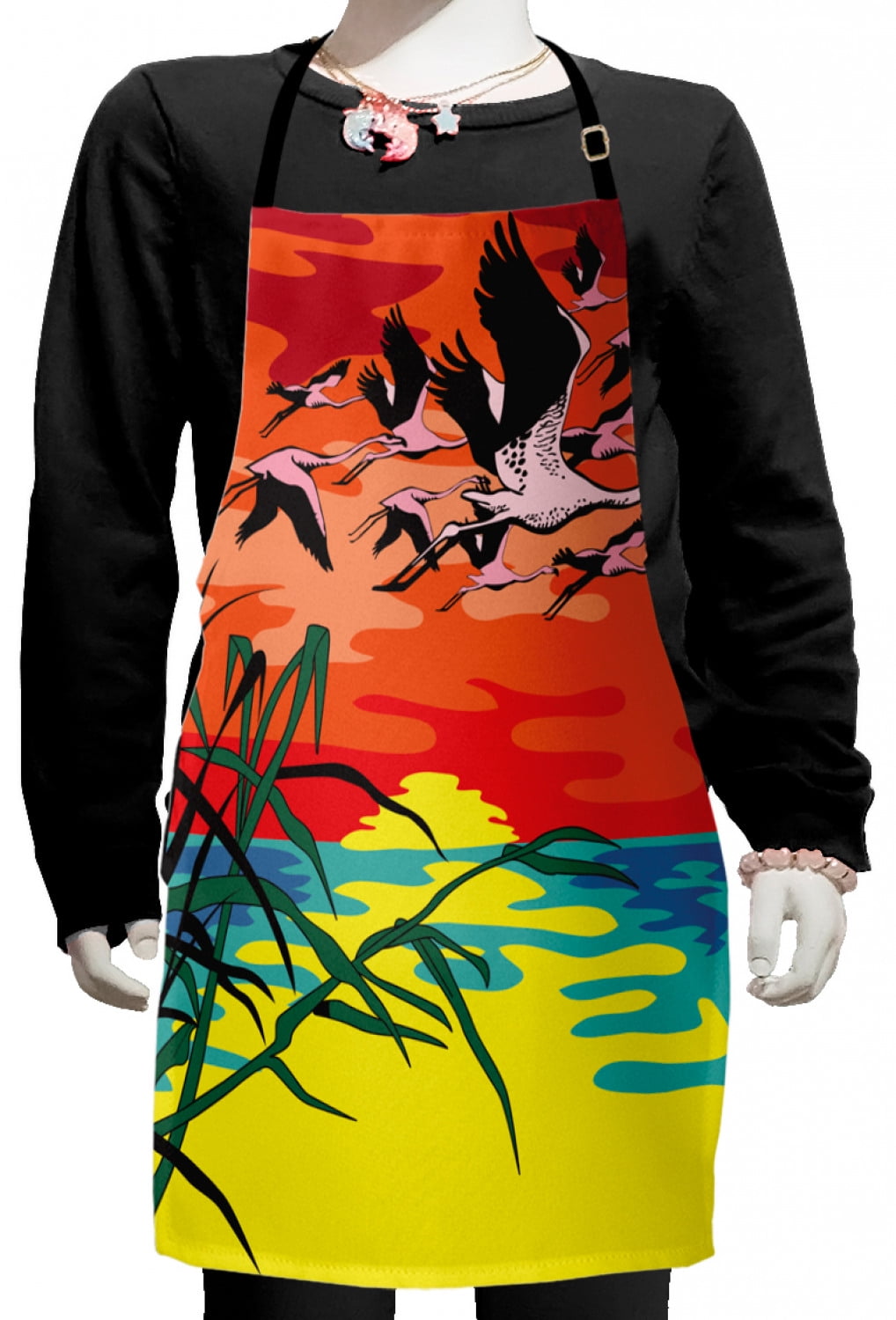Flamingo Kids Apron, Flamingos Flying in the Air with Horizon Landscape ...