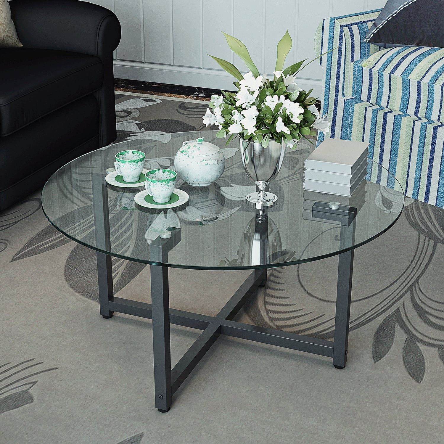Holaki Round Transparent Glass+Black Leg Coffee Table, Clear Coffee ...