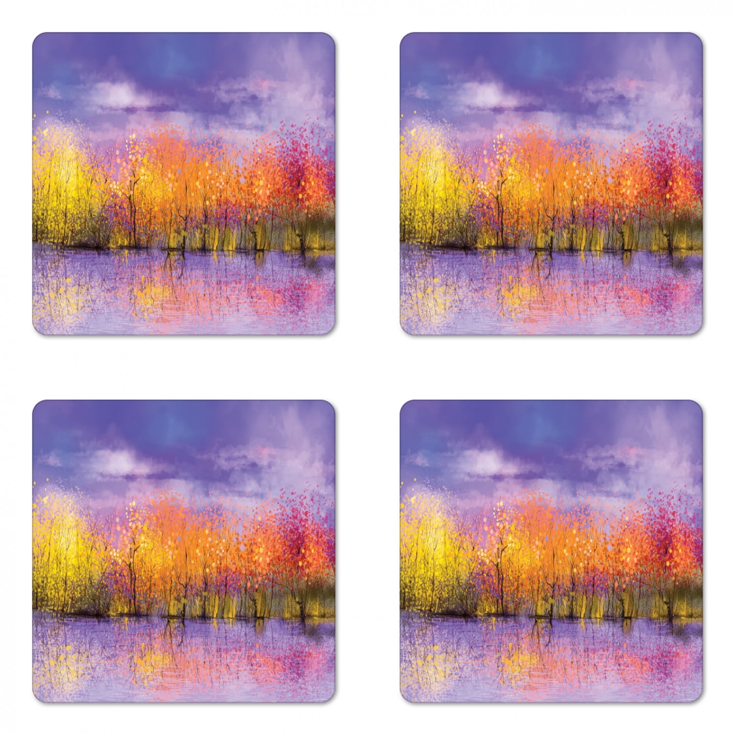 Autumn Coaster Set of 4, Seasonal Landscape Paint with Shady Fall Trees ...
