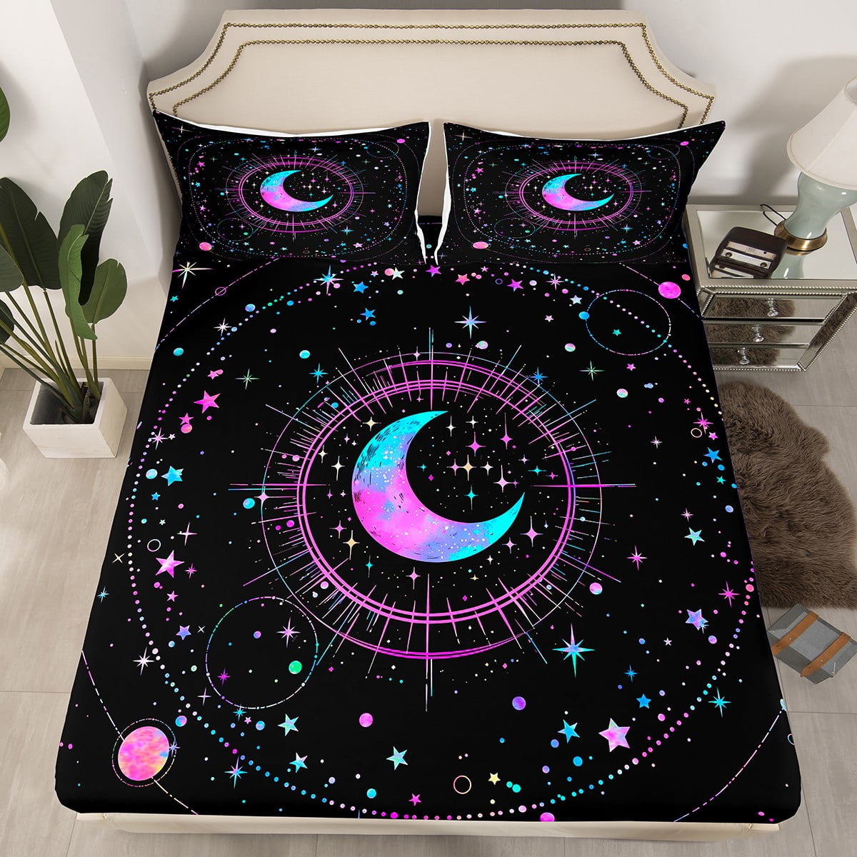 Click here for Erosebridal Galaxy Moon Fitted Sheet Set Queen gra... prices