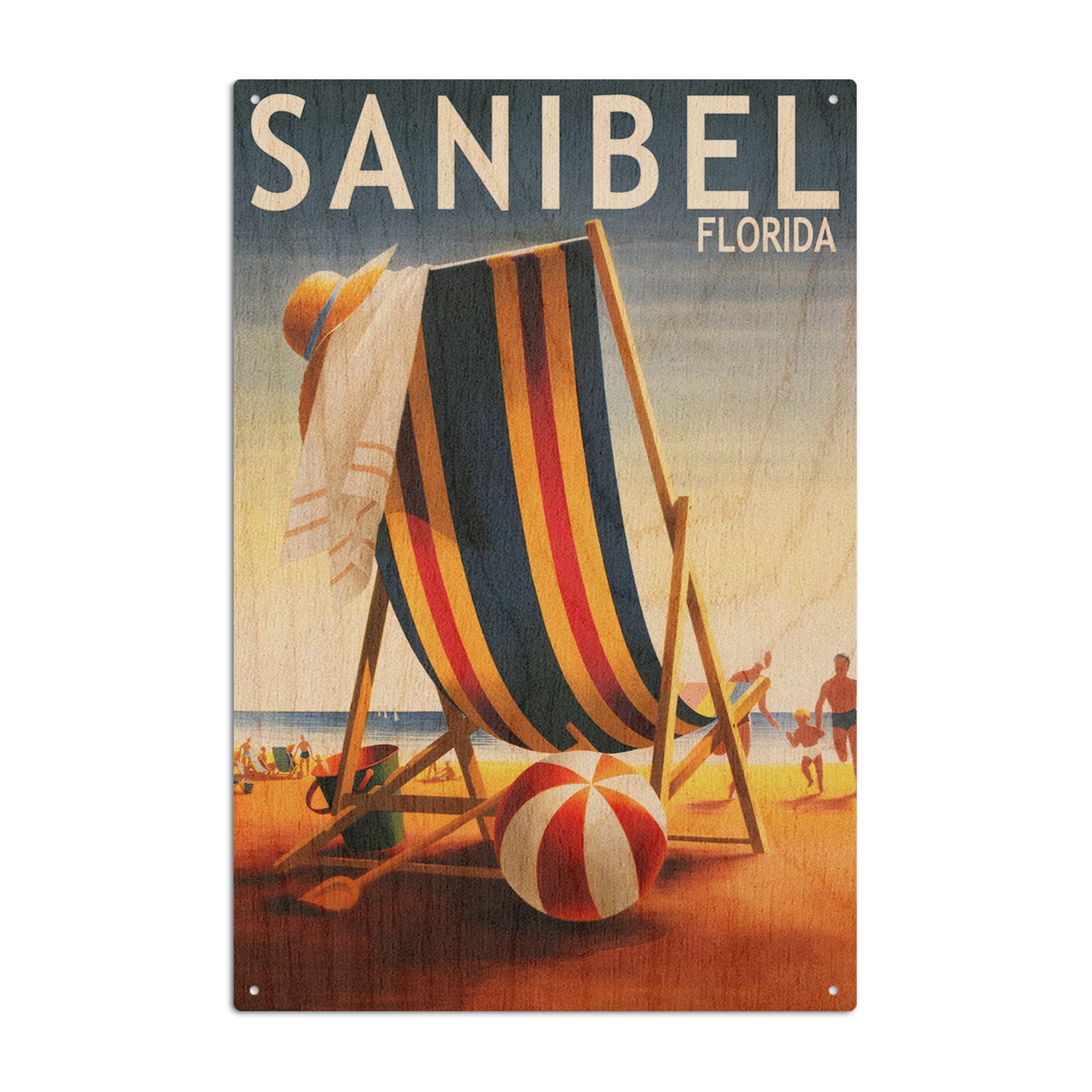 Sanibel, Florida, Beach Chair and Ball Birch Wood Wall Sign (6x9 Rustic ...