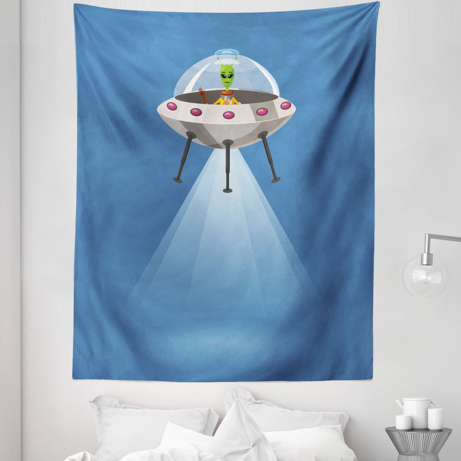 Alien Tapestry, Flying UFO with a Green Creature Waving ...