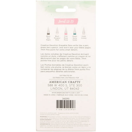 Creative Devotion Erasable Fine Point Gel Pens 5/Pkg-Black, Blush, Pink ...
