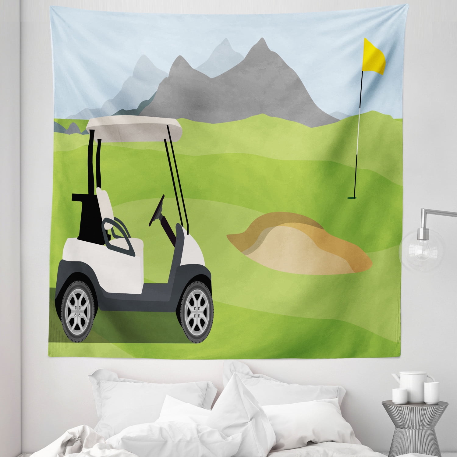 Golf Course Scene Tapestry, Cartoonish Golf Club Themed Mountains ...