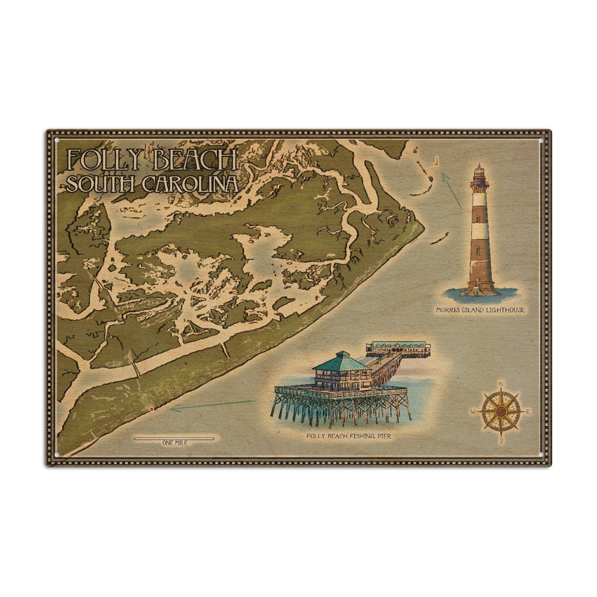 South Carolina, Folly Beach, Map Birch Wood Wall Sign (6x9 Rustic Home ...