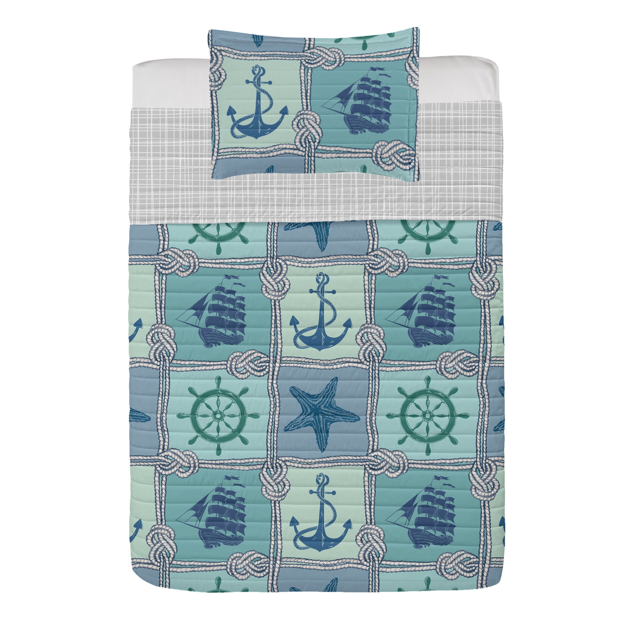 Ships Wheel Reversible Bedspread Set, Nautical Patchwork Pattern ...
